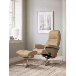 Relaxsessel stressless "Sunrise", beige (sand paloma), B:92cm H:105cm T:80cm, Leder PALOMA: PALOMA ist ein durchgef&auml;rbtes Semianilin-M&ouml;belleder mit nat&uuml;rlicher Narbung., Sessel, Relaxsessel, mit Hocker, mit Cross Base, Gr&ouml;&szlig;e S, M & L, Holzakzent Eiche