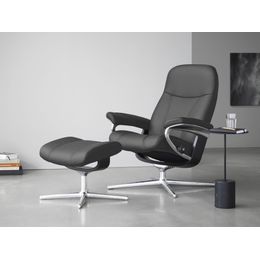 Relaxsessel stressless "Consul", grau (grau batick), B:78cm H:97cm T:70cm, Leder BATICK: BATICK ist ein leicht korrigiertes, durchgef&auml;rbtes und genarbtes M&ouml;belleder, bei dem die meisten Unebenheiten und Spuren in der Regel entfernt wurden., Sessel, Relaxsessel, mit Hocker, mit Cross Base, Gr&ouml;&szlig;e S, M & L, Holzakzent Schwarz
