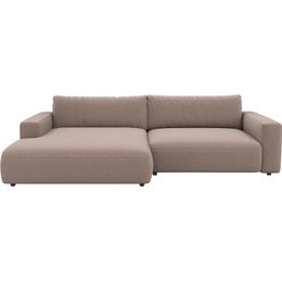 Ecksofa Musterring "LUCIA L-Form", braun (fango crona), B:296cm H:81cm T:190cm, Flachgewebe VALMONT (60% Baumwolle/40% Leinen);Leder PURO, pigmentiertes Leder;Microfaser CRONA (100% Polyester);Flachgewebe FLORIS (100% Polyester);Leder BAX, pigmentiertes Leder, Sofas, Ecksofa