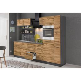 KOCHSTATION K&uuml;chenzeile &raquo;KS-Tulsa&laquo; ohne E-Ger&auml;te, Breite 270 cm, schwarze Metallgriffe, MDF Fronten braun