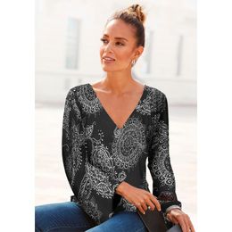Vivance Damen 3/4-Arm-Shirt mit Alloverprint und V-Ausschnitt, Blusenshirt, Langarmshirt schwarz-wei&szlig; 40/42