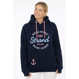 Zwillingsherz Damen Hoodie &raquo;"Meine Heimat"&laquo;, mit aufgesticktem "Strand"-Schriftzug vorne und hinten blau L/XL (L/XL)