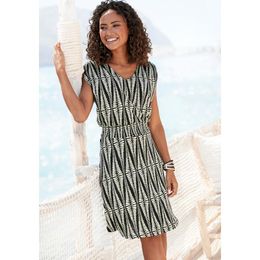 Lascana Damen Lascana Jerseykleid mit breitem Smokbund, kurzes Sommerkleid im Alloverprint, Strandkleid schwarz 38, N-Gr