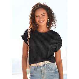 Lascana Damen Lascana T-Shirt mit Biesenstruktur, b&uuml;gelfreies T-Shirt aus moderner Strukturware schwarz 32/34
