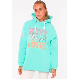 Zwillingsherz Damen Hoodie &raquo;Meer Strand K&uuml;ste&laquo;, mit Kapuze, Pailletten-Schriftzug und aufgesticktem Anker-Motiv gr&uuml;n S/M