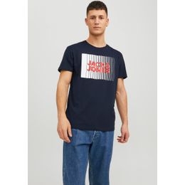 Jack & Jones Rundhalsshirt JACK & JONES "JJECORP LOGO TEE PLAY SS O-NECK NOOS", Herren, Gr. XS, blau (navy blazer), Single Jersey, Obermaterial: 100% Baumwolle, bedruckt, normal normal, Rundhals, Shirts Rundhalsshirt