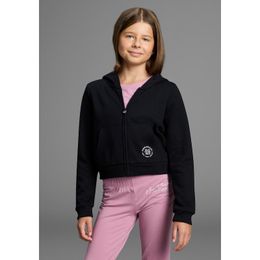 H.I.S. H.I.S M&auml;dchen Kapuzensweatjacke &raquo;Kurzgeschnittene Sweatjacke mit Logoprint f&uuml;r M&auml;dchen&laquo; F&uuml;r TEENS. Sweatjacke in modischer Kurzform und Zipper schwarz