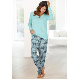 Buffalo Damen Pyjama 2 tlg. mit gemusterter Hose und passendem Langarmshirt gr&uuml;n 32/34