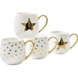 Becher Retsch Arzberg "GOLD STAR", gold (gold, wei&szlig;), H:9,1cm &Oslash;:7,8cm, Porzellan, Trinkgef&auml;&szlig;e, Becher, zwei verschiedenen goldenen Sterndekoren im Set sortiert, 4-teilig