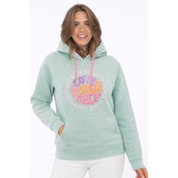 Zwillingsherz Damen Hoodie &raquo;"Love Yourslef"&laquo;, runde gro&szlig;e Frontstickerei, farbige Kordel, K&auml;ngurutasche blau SM (S/M)