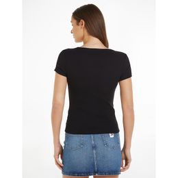 Tommy Jeans Damen Kurzarmshirt &raquo;TJW SLIM ESSENTIAL RIB V SHORT SLEEVE&laquo; mit gerippter Struktur, V-Ausschnitt, Slim Fit schwarz S (36)