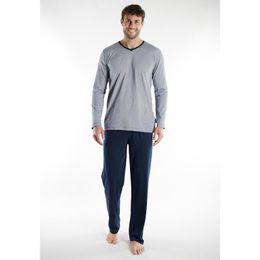 Tom Tailor Herren Tom Tailor Pyjama &raquo;Nevada&laquo; 2 tlg. Streifendesign, Langarm, V-Ausschnitt, lange Hose, atmungsaktiv blau 48S