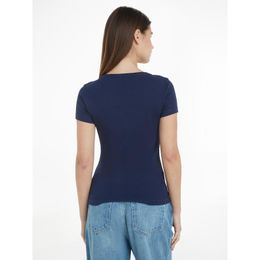 Tommy Jeans Damen Kurzarmshirt &raquo;TJW SLIM ESSENTIAL RIB V SHORT SLEEVE&laquo; mit gerippter Struktur, V-Ausschnitt, Slim Fit blau M (38)