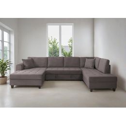 Wohnlandschaft TRENDS BY HG "Moritz U-Form, B: 324 cm", b801 zoom 21 ash, B:324cm H:86cm T:178cm, 92% Polyester;8% Nylon, Sofas, Wohnlandschaft, mit Bettfunktion, Bettkasten & Zierkissen