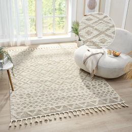 OTTO home Teppich &raquo;Ribeyret&laquo; rechteckig 11 mm H&ouml;he mit Fransen, Hoch-Tief-Struktur, Woll-Look, Boho-Style, Wohnzimmer beige Kunstfaser