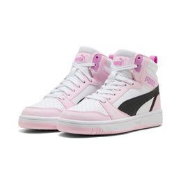 Sneaker Puma "REBOUND V6 MID JR", Kinder, Gr. 35,5, Puma wei&szlig;, Puma schwarz, pearl pink, mehrfarbig, Schuhe Sneaker, kn&ouml;chelhoch, retro-inspiriertes Design, mit SOFTFOAM+ D&auml;mpfung
