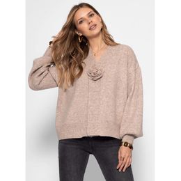 SASSYCLASSY Strickjacke mit Blumenapplikation in Taupe | Gr.: L