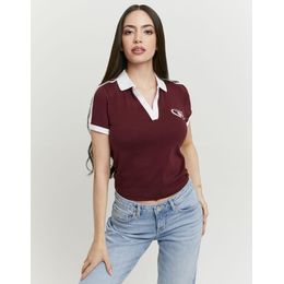 Poloshirt Tally Weijl "STSCOMITSKI", Damen, Gr. M, windsor wine, Jersey, Obermaterial: 97% Baumwolle, 3% Elasthan, bedruckt, figurbetont taillenlang, V-Ausschnitt, Shirts, Baumwollmischung, Poloshirt, verk&uuml;rzt geschnitten