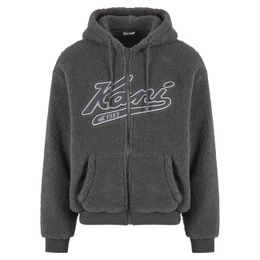 Kapuzenpullover Karl Kani "Karl Kani KK Varsity Teddy Zip Hoodie", Herren, Gr. L, grau, 100% Polyester, mehrfarbig, loose fit, ohne Ausschnitt, Pullover Kapuzenpullover