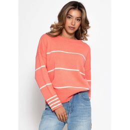 SASSYCLASSY Feinstrickpullover mit Kontraststreifen in Koralle | Gr.: M