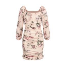 Shirtkleid CLOUD 5IVE "CLOUD 5IVE R&uuml;schen Kleid mit Blumenprint & Raffung", Damen, Gr. XXL, US-Gr&ouml;&szlig;en, beige, 95% Polyester, 5% Elasthan, slim fit, eckiger Ausschnitt, Kleider Shirtkleid