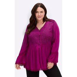 Longbluse sheego by Joe Browns, Damen, Gr. 42, magenta, 100% Viskose, Spitze:100% Baumwolle, unifarben, V-Ausschnitt, Blusen Longbluse