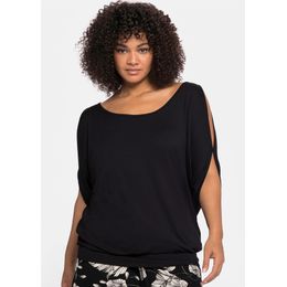 Fledermausshirt sheego "T-Shirt", Damen, Gr. 56/58, schwarz, 95% Viskose, 5% Elasthan, unifarben, Rundhals, Shirts Fledermausshirt