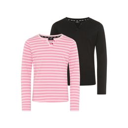 H.I.S. Langarmshirt H.I.S "2er Pack Shirts 1x uni + 1x geringelt, f&uuml;r M&auml;dchen", M&auml;dchen, Gr. 164/170, schwarz, pink geringelt, Single Jersey, Obermaterial: 100% Baumwolle, geringelt, unifarben, Basic, Rundhals, Shirts Langarmshirt, f&uuml;r M&auml;dchen, Langarm, mit Rundhalsausschnitt und Knopfleiste