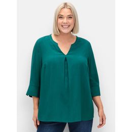 Longbluse sheego, Damen, Gr. 52, blau (petrol), 100% Viskose, unifarben, V-Ausschnitt, Blusen Longbluse
