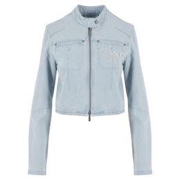 Allwetterjacke Karl Kani "Karl Kani Retro TM Denim Biker Jacket", Damen, Gr. M, blau (bleached blau), 100% Baumwolle, mehrfarbig, normal, amerikanischer Ausschnitt, Jacken