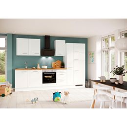 K&uuml;chenzeile IMPULS K&Uuml;CHEN "Valencia", Ausrichtung w&auml;hlbar, Schubk&auml;sten mit Soft-Close", wei&szlig; (k&uuml;che: wei&szlig;, korpus: wei&szlig;, arbeitsplatte: vintage eiche, nachbildung), B:310cm H:220,6cm T:60cm, Komplettk&uuml;chen-Sets, K&uuml;chenzeile, vormontiert, wahlweise mit E-Ger&auml;ten, Breite 310 cm