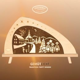 LED Lichterbogen Weigla "Weihnachten in Seiffen, asymmetrische Holz Dekolampe, Made in Germany", beige (natur), B:52cm H:32cm T:6cm, Holzwerkstoff, Schwibb&ouml;gen, Erzgebirge garantiert,Weihnachtsdeko Innen, Weihnachtsbeleuchtung