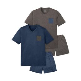 Shorty bonprix, Herren, Gr. 52/54 (L), anthrazit meliert, dunkelblau, Jersey, Obermaterial: 100% Baumwolle. Obermaterial 2: 60% Baumwolle, 40% Polyester, kontrastfarbene Details, mehrfarbig, unifarben, Basic kurz, V-Ausschnitt, Homewear-Sets Shorty, mit aufgesetzter Brusttasche