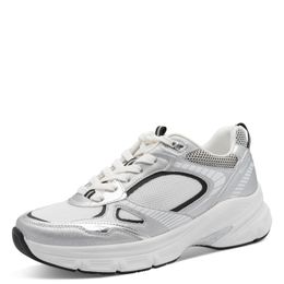Plateausneaker Tamaris, Damen, Gr. 41, silberfarben, Lederimitat, Textil, gl&auml;nzend, metallic, Schuhe Plateausneaker, Freizeitschuh, Halbschuh, Schn&uuml;rschuh mit Bes&auml;tzen in Metallic-Optik