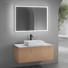 neoro n50 line Unterschrank B: 120 cm mit 1 Auszug, mit profilierter Eichenfront, Waschtisch B: 58 cm wei&szlig; matt, mit n60 Spiegelschrank f&uuml;r die