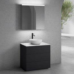 neoro n50 Unterschrank B: 80 cm mit 3 Ausz&uuml;gen, Waschtisch &Oslash; 45 cm wei&szlig; matt, mit Spiegelschrank,, BN0106WM+BN0452BM+BN0402C1+BN0473MI,