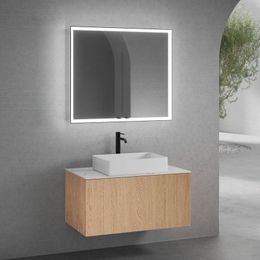 neoro n50 Unterschrank B: 100 cm mit 1 Auszug, mit glatter Eichenfront, Waschtisch B: 58 cm wei&szlig; matt, mit n60 Spiegelschrank f&uuml;r die Schweiz,