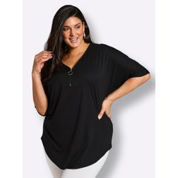 sheego Gro&szlig;e Gr&ouml;&szlig;en Strandtunika mit Rei&szlig;verschluss, bedruckt, schwarz, Gr&ouml;&szlig;e 48/50 - Damen