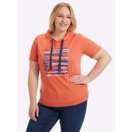sheego Gro&szlig;e Gr&ouml;&szlig;en Sweatshirt mit Kapuze, papaya-dunkelblau-bedruckt, Gr&ouml;&szlig;e 52 - Damen