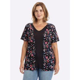 sheego Gro&szlig;e Gr&ouml;&szlig;en 2-in-1-Shirt in l&auml;ngerer Form, reine Viskose, schwarz-erdbeere-bedruckt, Gr&ouml;&szlig;e 52 - Damen