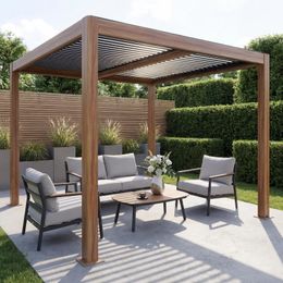 Pergola MCW-L46, Gartenpavillon Lamellen-Pavillon, 10cm-Aluminium-Gestell, Regenrinne sturmfest, 3x3m ~ Holzoptik