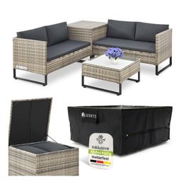 Juskys Polyrattan Lounge Santorini inkl. Abdeckung - Outdoor Sitzecke mit Beistelltisch & Auflagenbox - Grau