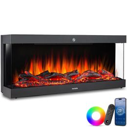 TecTake&reg; Elektro-Wandkamin, 2 Leistungsstufen mit 900 W und 1800 W, mehrere Farb-, Helligkeits- und Geschwindigkeitseinstellungen, mit Fernbedienung und App-Steuerung, integriertes Thermostat
