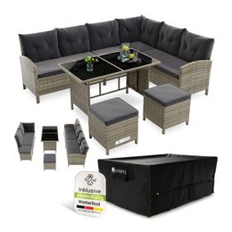 Juskys Gartenlounge Manacor grau - Sofa, Tisch, Hocker & Kissen inkl. Abdeckung - 8 Personen - Sitzbez&uuml;ge Grau