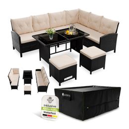 Juskys Gartenlounge Manacor schwarz - Sofa, Tisch, Hocker & Kissen inkl. Abdeckung - 8 Personen - Sitzbez&uuml;ge in Creme