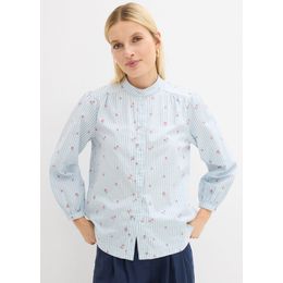 bonprix Bluse aus reiner Baumwolle mit 7/8 &Auml;rmel, blau, Gr.48, Gestreifte Bluse mit floraler Stickerei, 100% Baumwolle