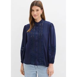 bonprix Bluse mit Spitze aus softem Viskose-Mix, blau, Gr.40, Verspielte Bluse mit Spitze und Puff-&Auml;rmeln., aus Viskose
