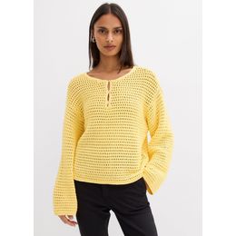 bonprix Boxy Ajour-Pullover, gelb, Gr.40/42 (M), Modischer Oversize Ajour-Pullover aus reiner Baumwolle, aus 100% Baumwolle