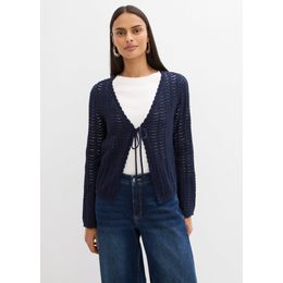 bonprix Strickjacke mit Lochmuster, blau, Gr.36/38 (S), Trendige Strickjacke mit Lochmuster und Bindedetail, 50% Baumwolle