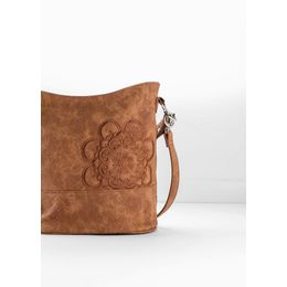 bonprix Handtasche mit Stickerei, braun, Gr.30x28 cm, Modische Handtasche in Velourslederoptik mit Tassel